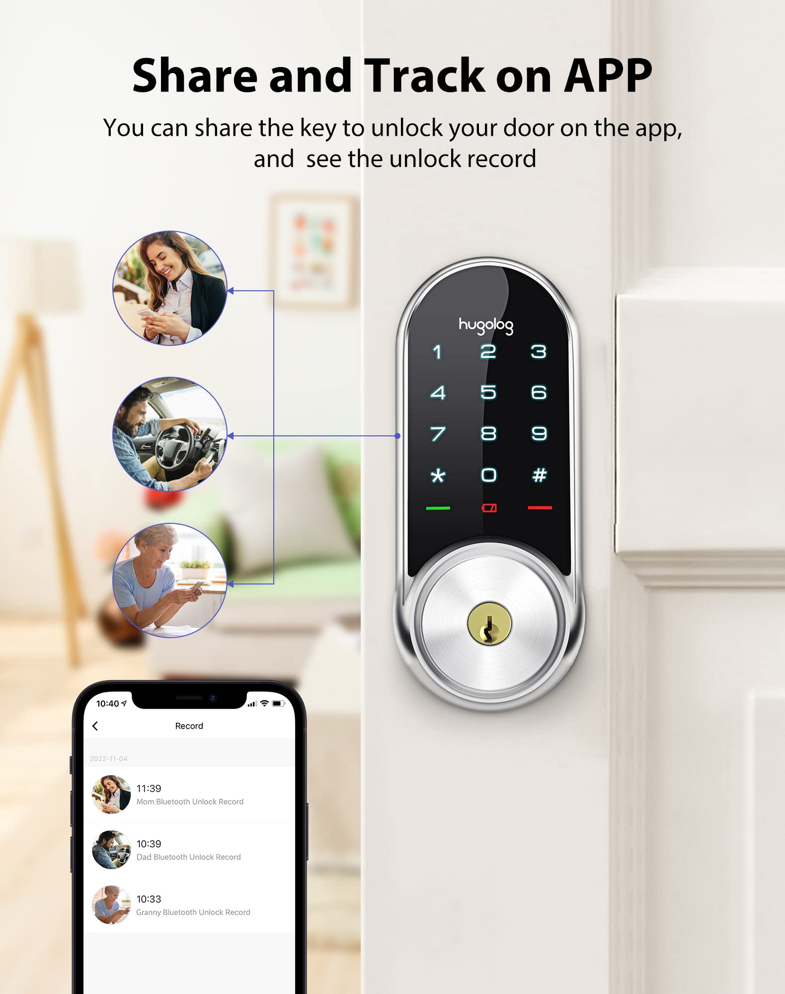 Hugolog Smart Lock,Keyless Entry Door Lock,Keypad Smart Door Lock,Smart Deadbolt Lock,Electronic Door Lock with Keyless Deadbolt,Bluetooth Digital Door Lock for Home,Airbnb,Garage