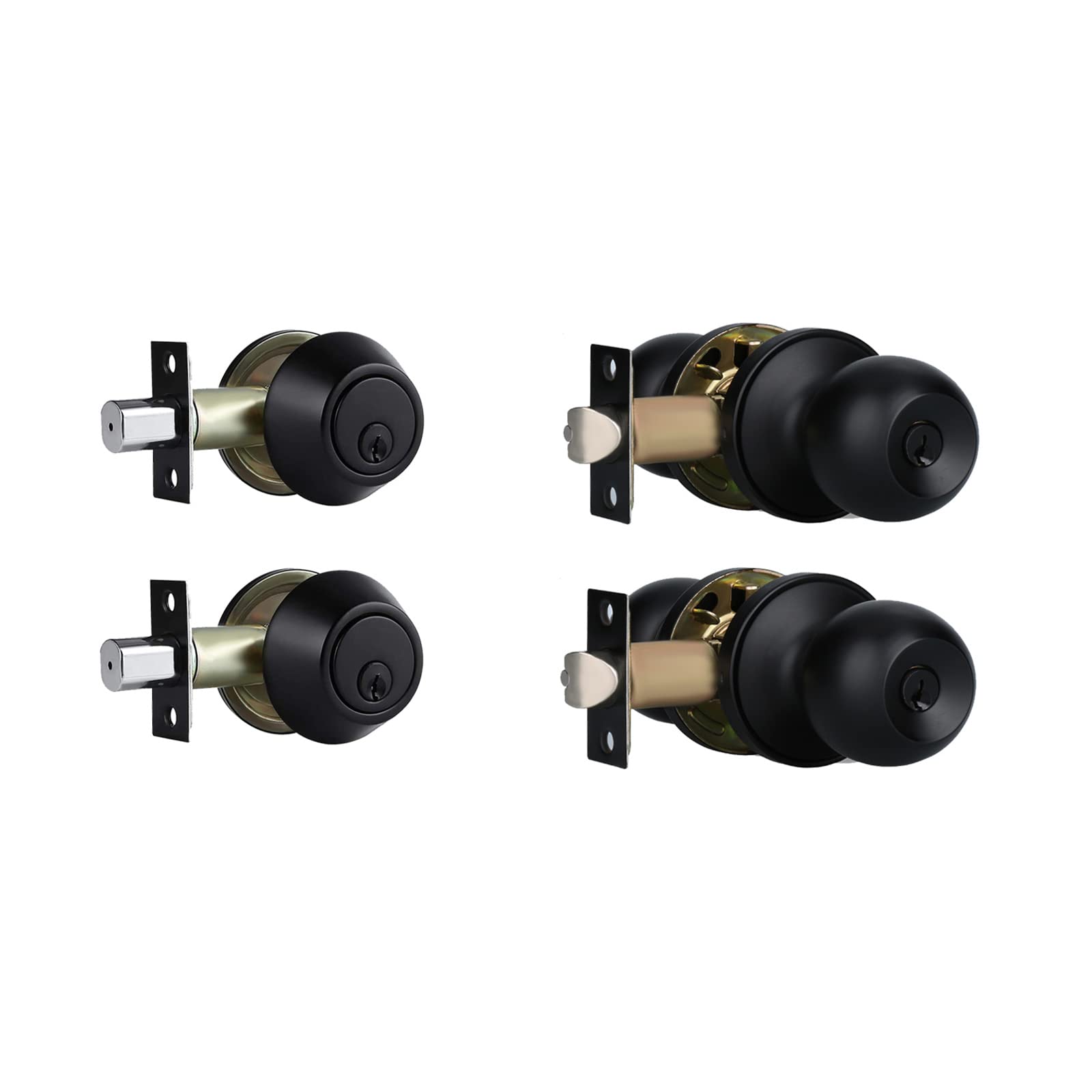 Cielsa Dawn Exterior Door Knobs Exterior Door Lock Set with Deadbolt, Single Cylinder Deadbolt Door Locks with The Same Keys,Round Ball,Matte Black(2Pack)