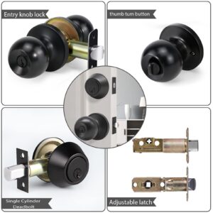 Cielsa Dawn Exterior Door Knobs Exterior Door Lock Set with Deadbolt, Single Cylinder Deadbolt Door Locks with The Same Keys,Round Ball,Matte Black(2Pack)