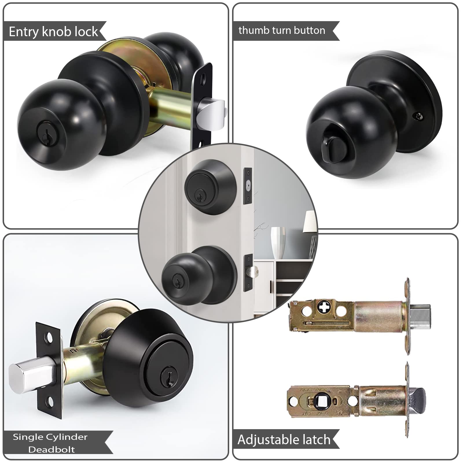 Cielsa Dawn Exterior Door Knobs Exterior Door Lock Set with Deadbolt, Single Cylinder Deadbolt Door Locks with The Same Keys,Round Ball,Matte Black(2Pack)