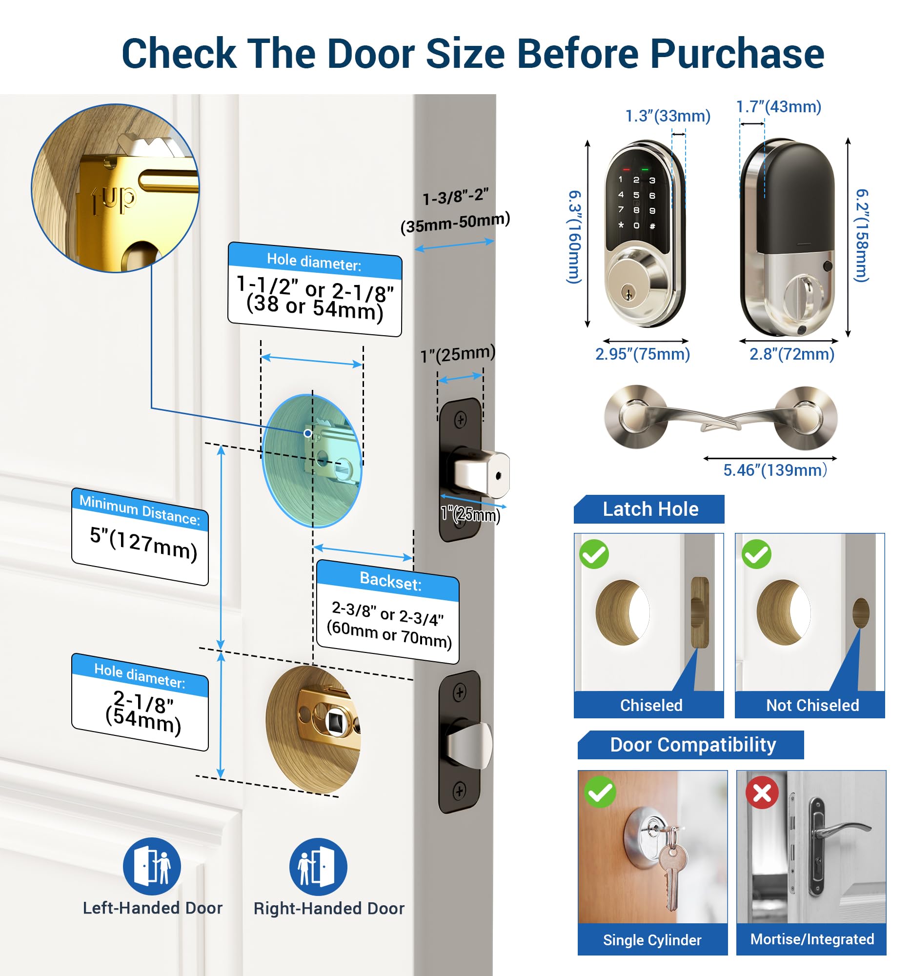 Veise Wifi Smart Lock with 2 Handles, Keyless Entry Door Lock Deadbolt with Handle Set, Smart Locks for Front Door with App Control, Electronic Digital Lock, Auto Lock, Easy Installation, Satin Nickel