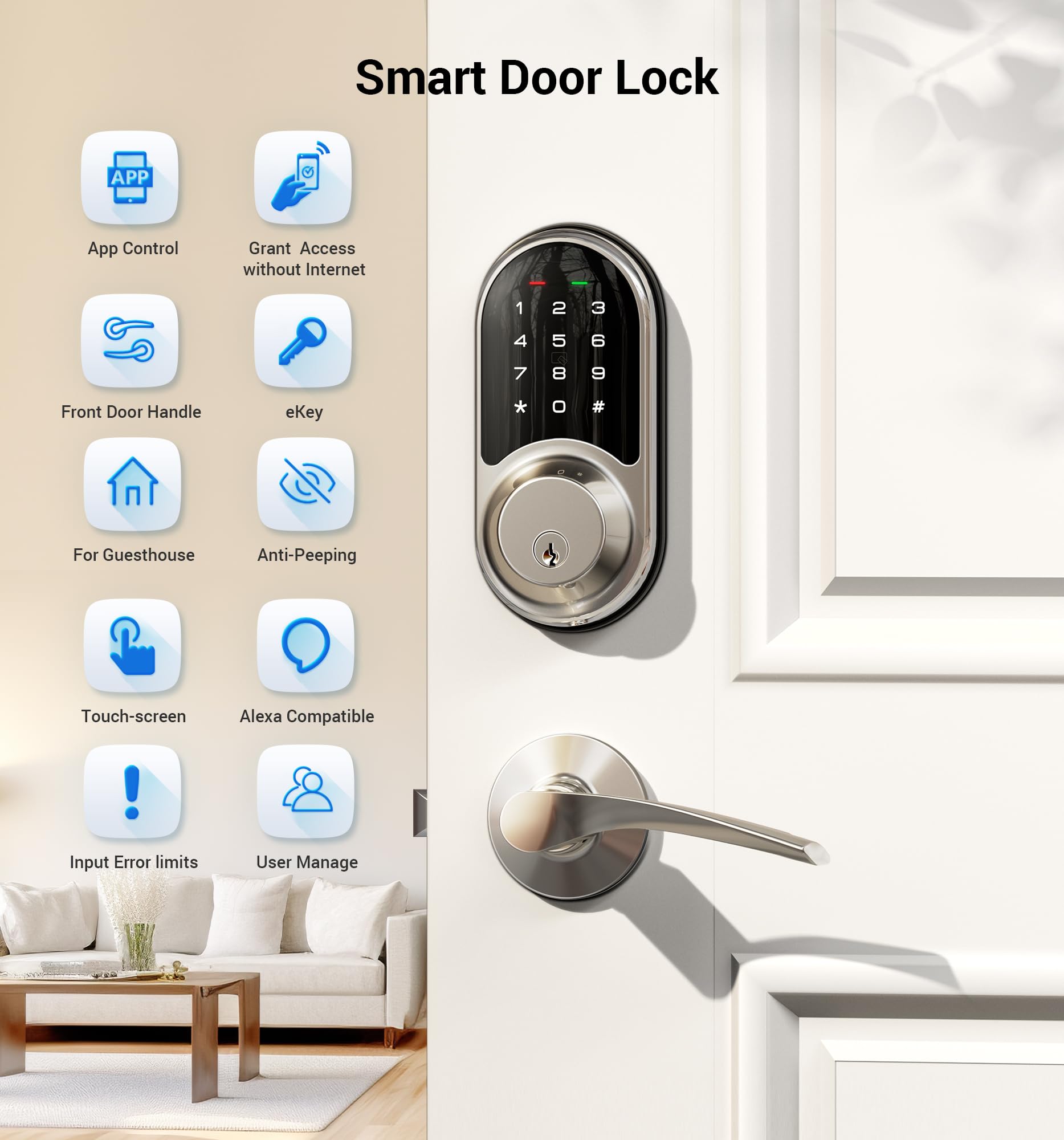 Veise Wifi Smart Lock with 2 Handles, Keyless Entry Door Lock Deadbolt with Handle Set, Smart Locks for Front Door with App Control, Electronic Digital Lock, Auto Lock, Easy Installation, Satin Nickel