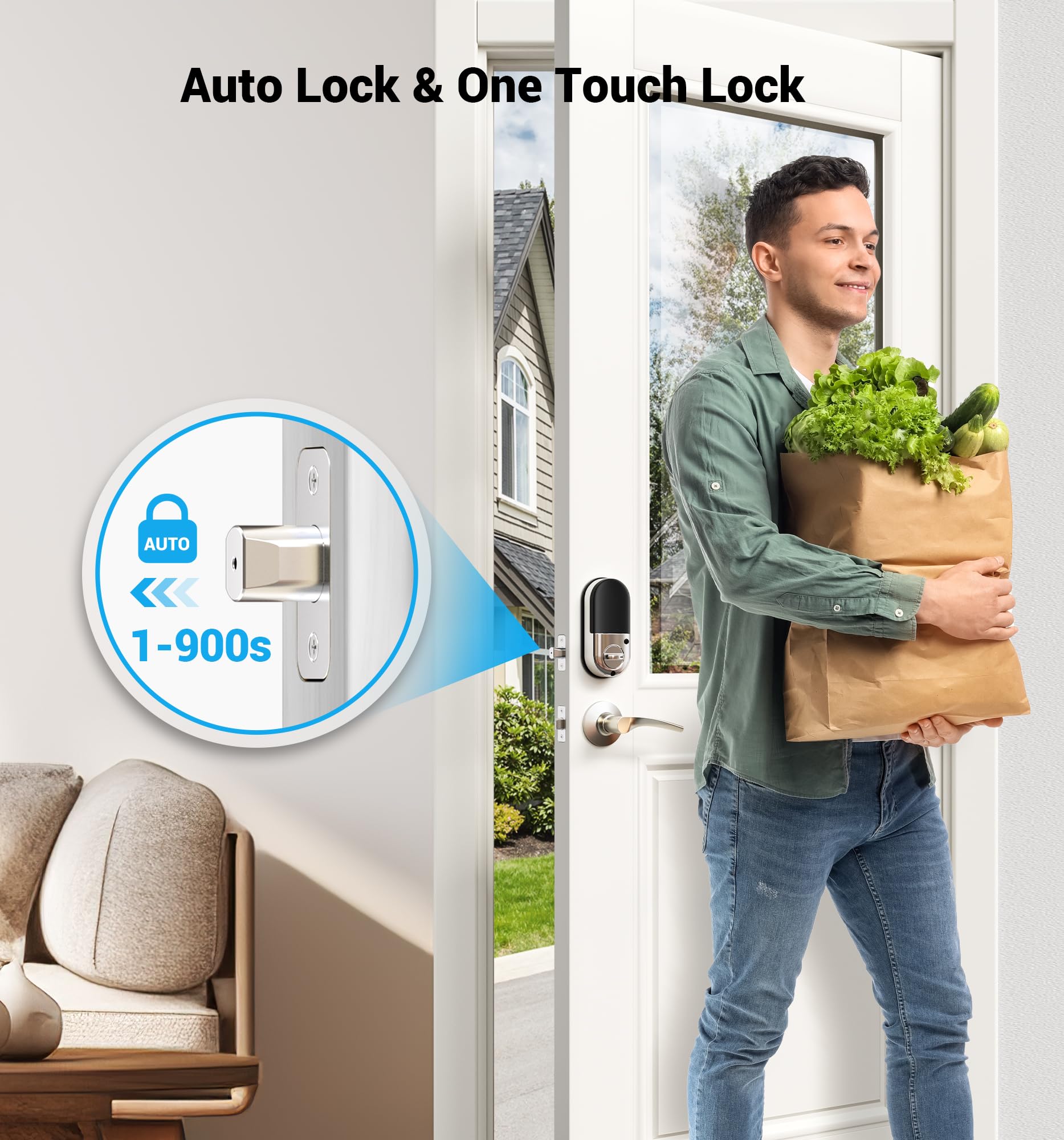 Veise Wifi Smart Lock with 2 Handles, Keyless Entry Door Lock Deadbolt with Handle Set, Smart Locks for Front Door with App Control, Electronic Digital Lock, Auto Lock, Easy Installation, Satin Nickel