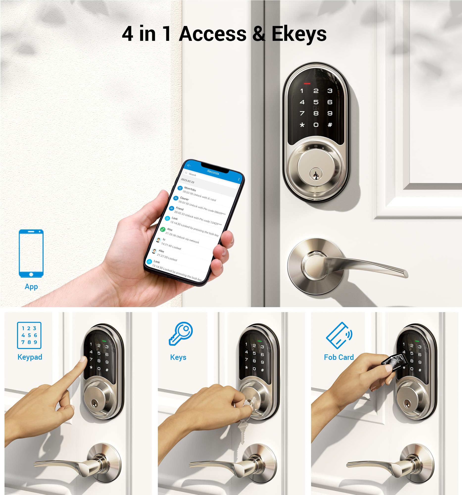 Veise Wifi Smart Lock with 2 Handles, Keyless Entry Door Lock Deadbolt with Handle Set, Smart Locks for Front Door with App Control, Electronic Digital Lock, Auto Lock, Easy Installation, Satin Nickel