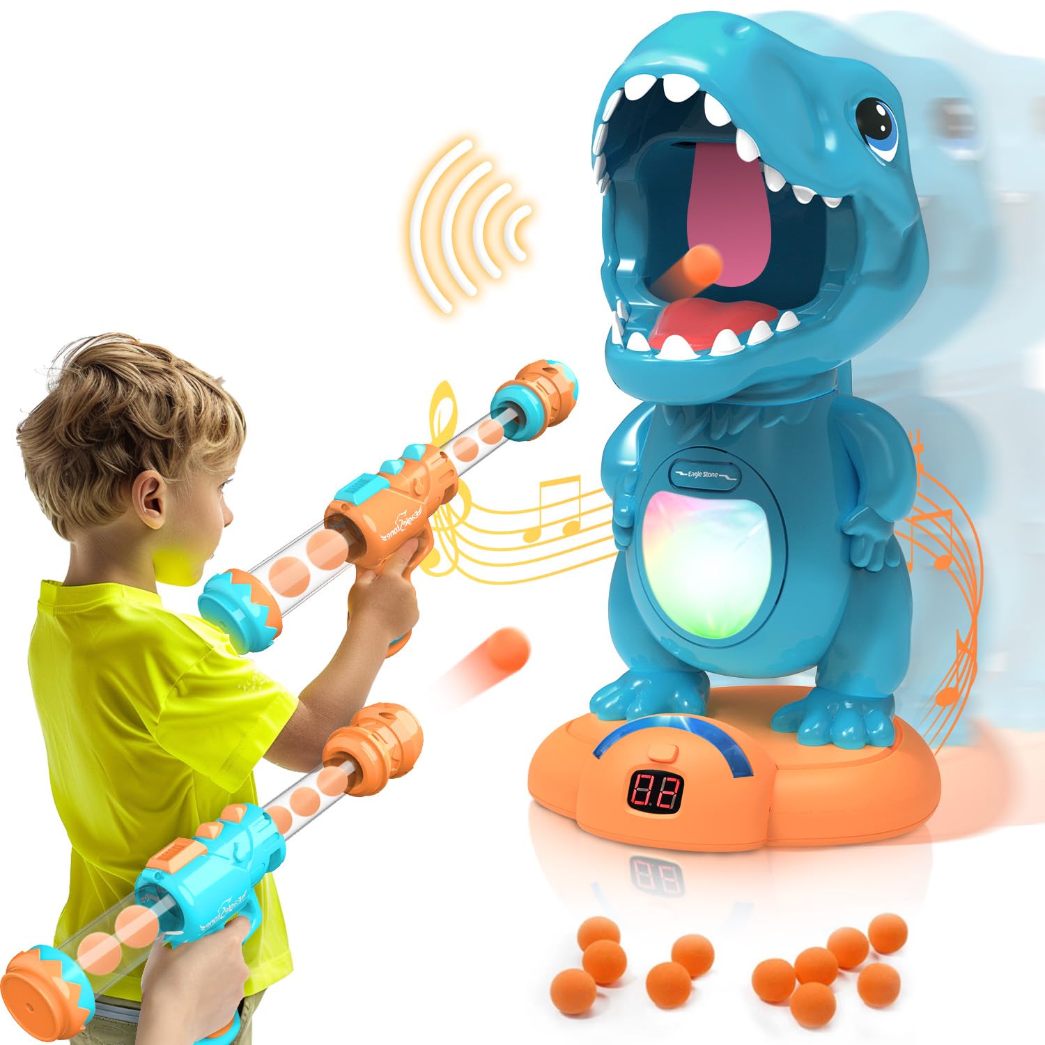 EagleStone Moveable Dinosaur Shooting Toys for Boys, Kids Target Shooting Games w/ 2 Air Pump Gun LCD Score Record& Sound, 48 Foam Balls Electronic Target Practice Gift Toys for Toddlers 5 6 7 8 9