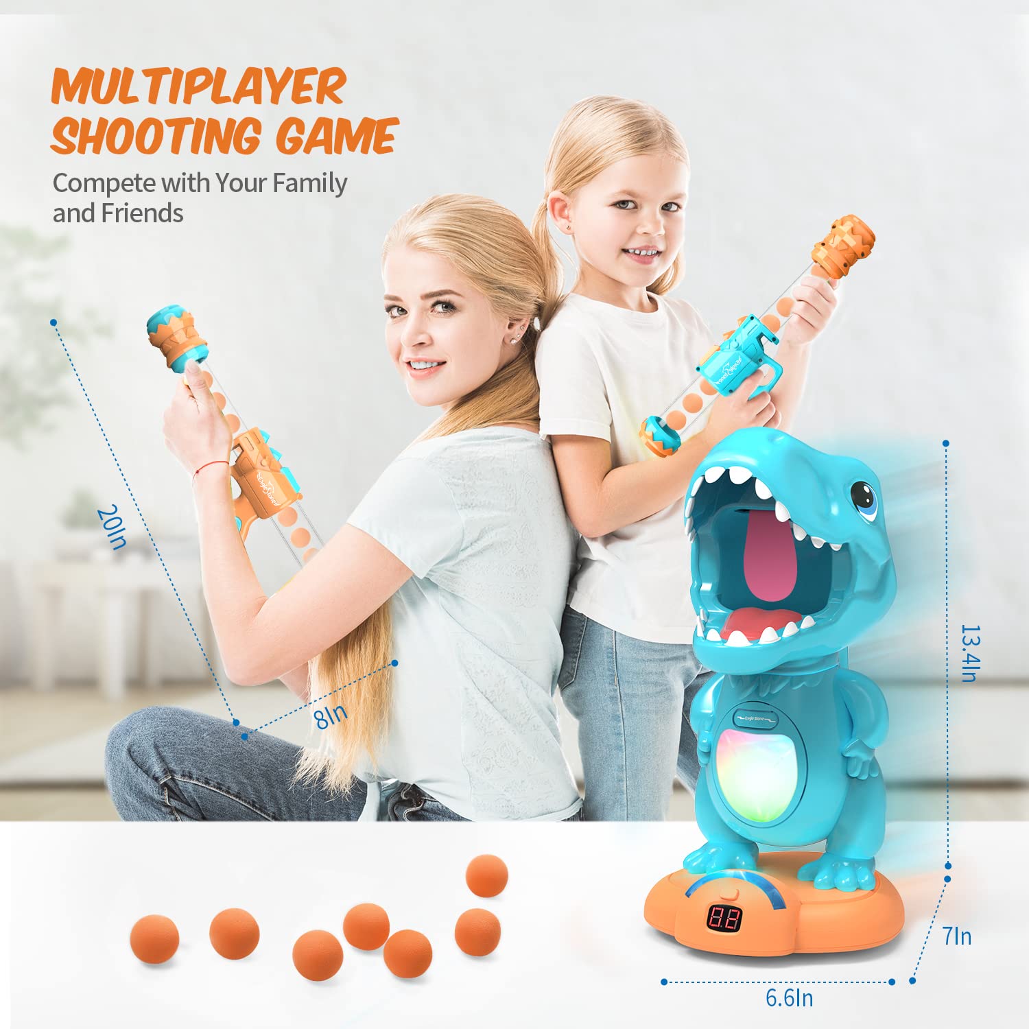 EagleStone Moveable Dinosaur Shooting Toys for Boys, Kids Target Shooting Games w/ 2 Air Pump Gun LCD Score Record& Sound, 48 Foam Balls Electronic Target Practice Gift Toys for Toddlers 5 6 7 8 9