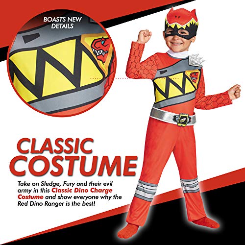 Red Power Rangers Costume for Toddlers. Official Licensed Red Ranger Dino Charge Classic Power Ranger Suit with Mask for Boys & Girls, Large (4-6)