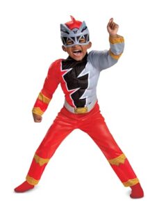 red ranger toddler size muscle costume, official power rangers dino fury outfit with mask, toddler size medium (3t-4t)