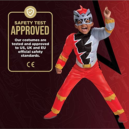 Red Ranger Toddler Size Muscle Costume, Official Power Rangers Dino Fury Outfit with Mask, Toddler Size Medium (3T-4T)