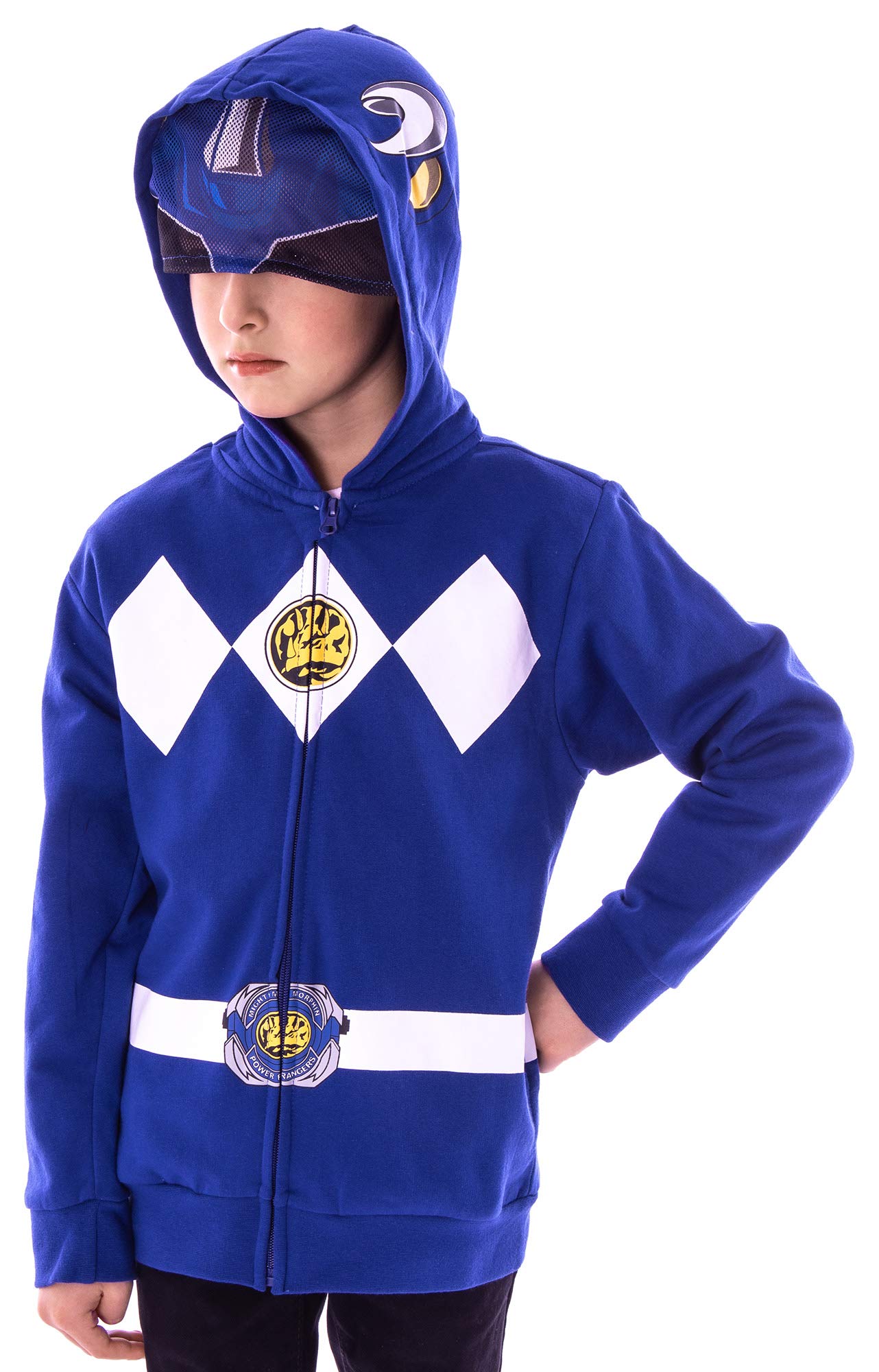 Power Rangers The Boys Blue Ranger Triceratops Mesh Face Covering Full-Zip Costume Hoodie (MD)