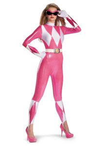 disguise sabans mighty morphin power rangers pink ranger sassy womens adult bodysuit costume, pink/white, large/12-14