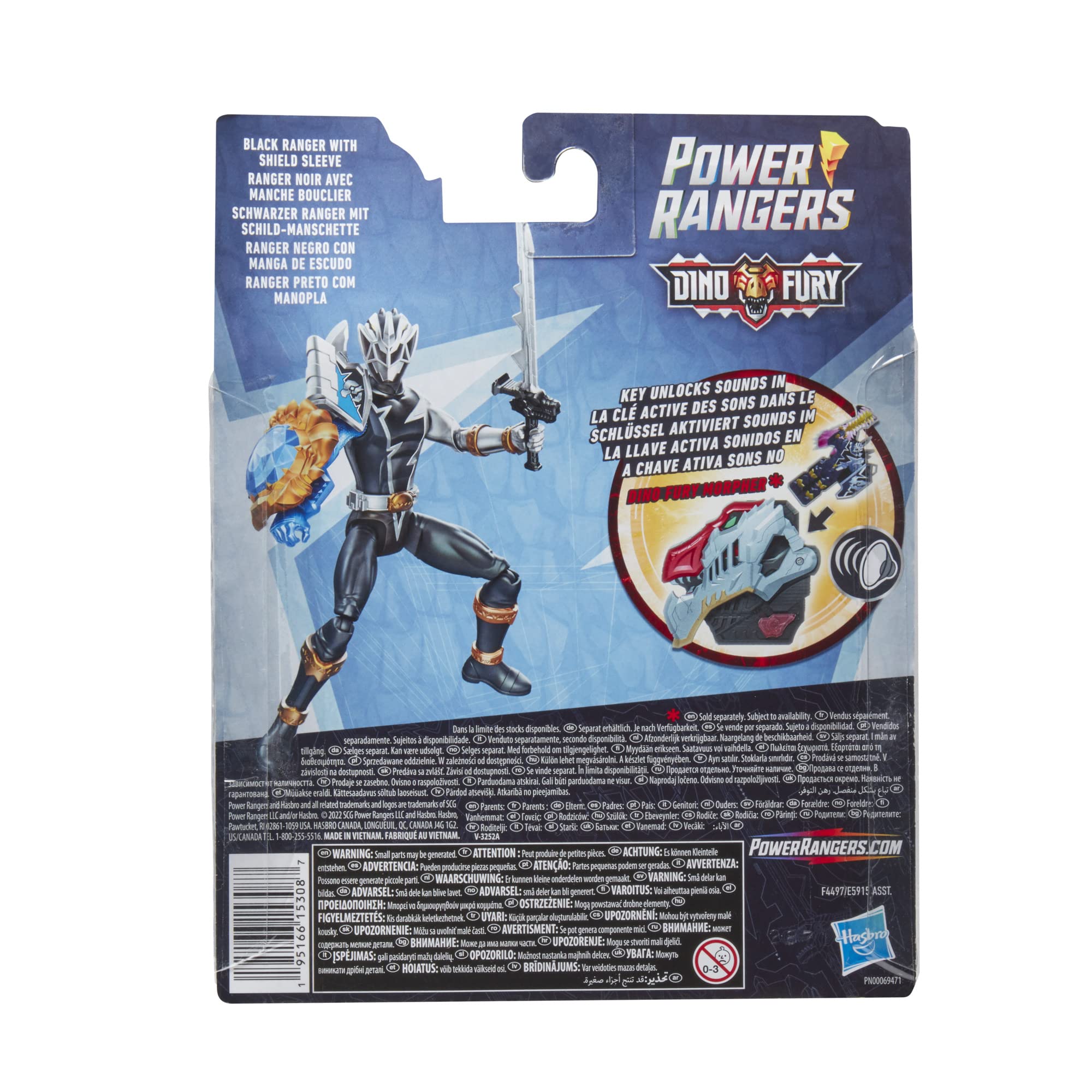 Power Rangers Dino Fury Black Ranger with Shield Sleeve 6-Inch Action Figure Toy, Dino Fury Key, Chromafury Saber Accessory, Ages 4 and Up