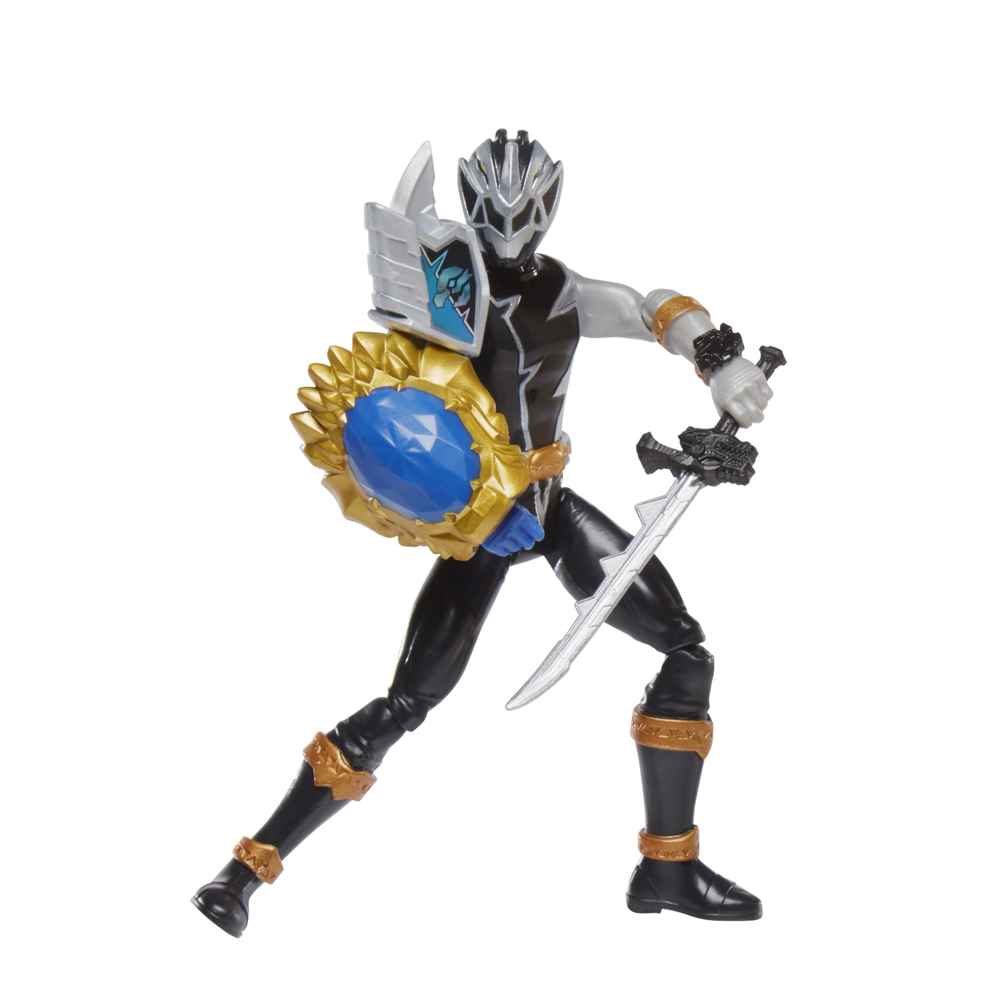 Power Rangers Dino Fury Black Ranger with Shield Sleeve 6-Inch Action Figure Toy, Dino Fury Key, Chromafury Saber Accessory, Ages 4 and Up