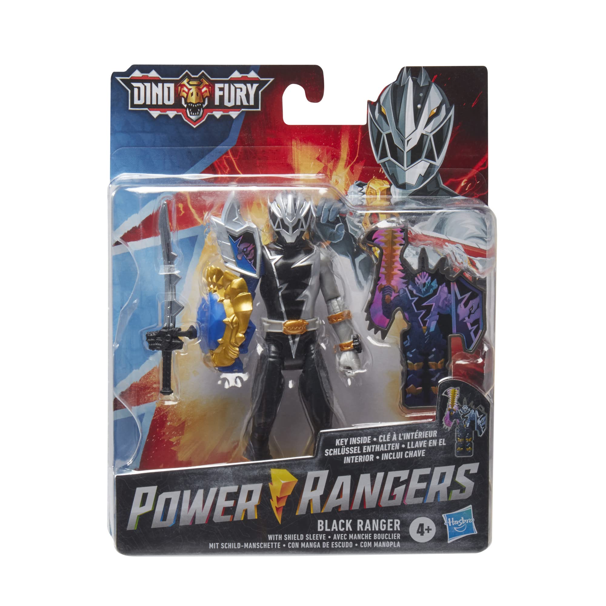 Power Rangers Dino Fury Black Ranger with Shield Sleeve 6-Inch Action Figure Toy, Dino Fury Key, Chromafury Saber Accessory, Ages 4 and Up