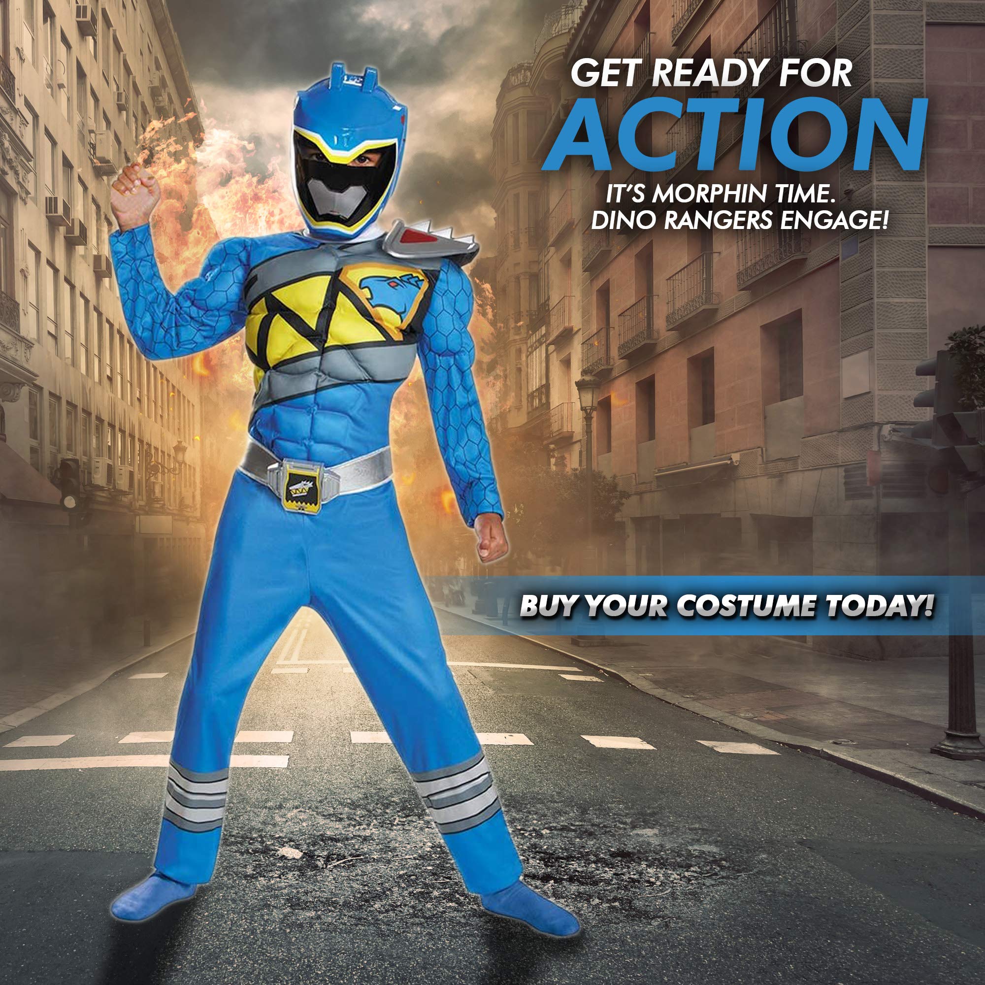 Blue Power Rangers Costume for Kids. Official Licensed Blue Ranger Dino Charge Classic Muscle Power Ranger Suit with Mask for Boys & Girls, Small (4-6)