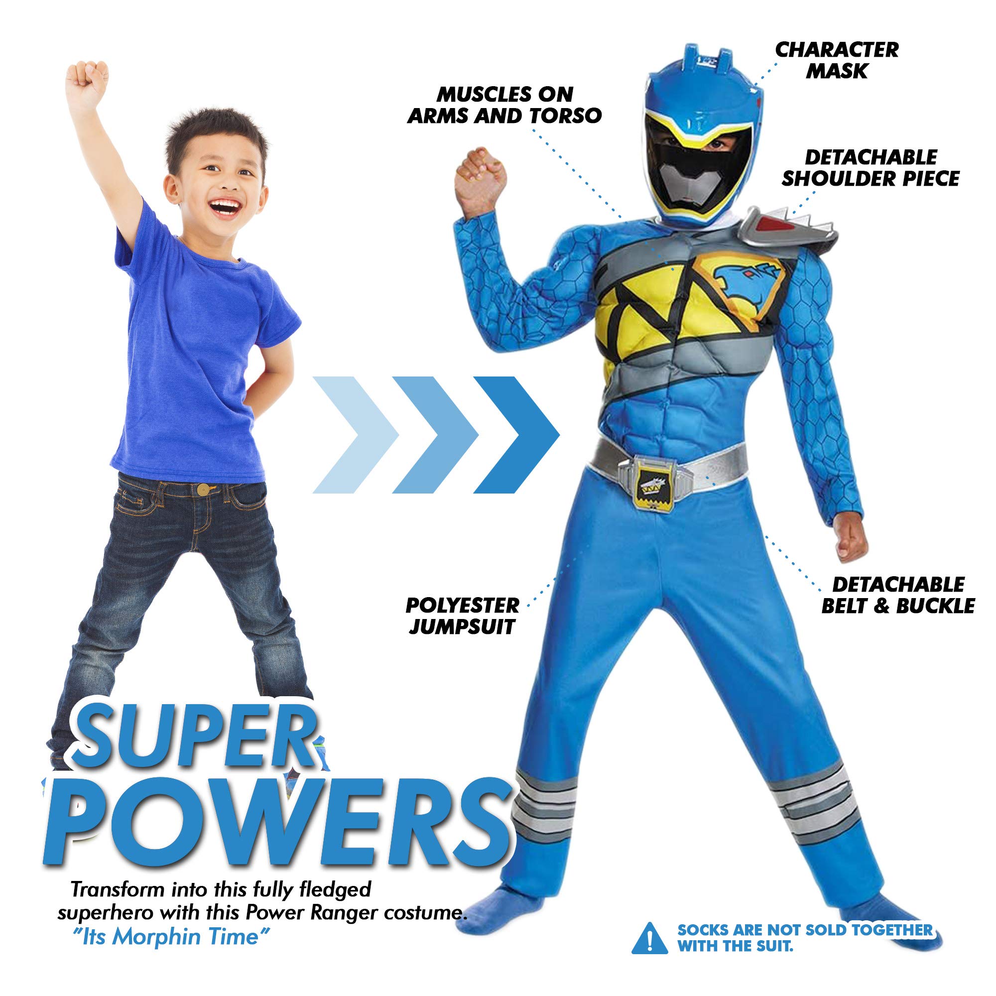 Blue Power Rangers Costume for Kids. Official Licensed Blue Ranger Dino Charge Classic Muscle Power Ranger Suit with Mask for Boys & Girls, Small (4-6)