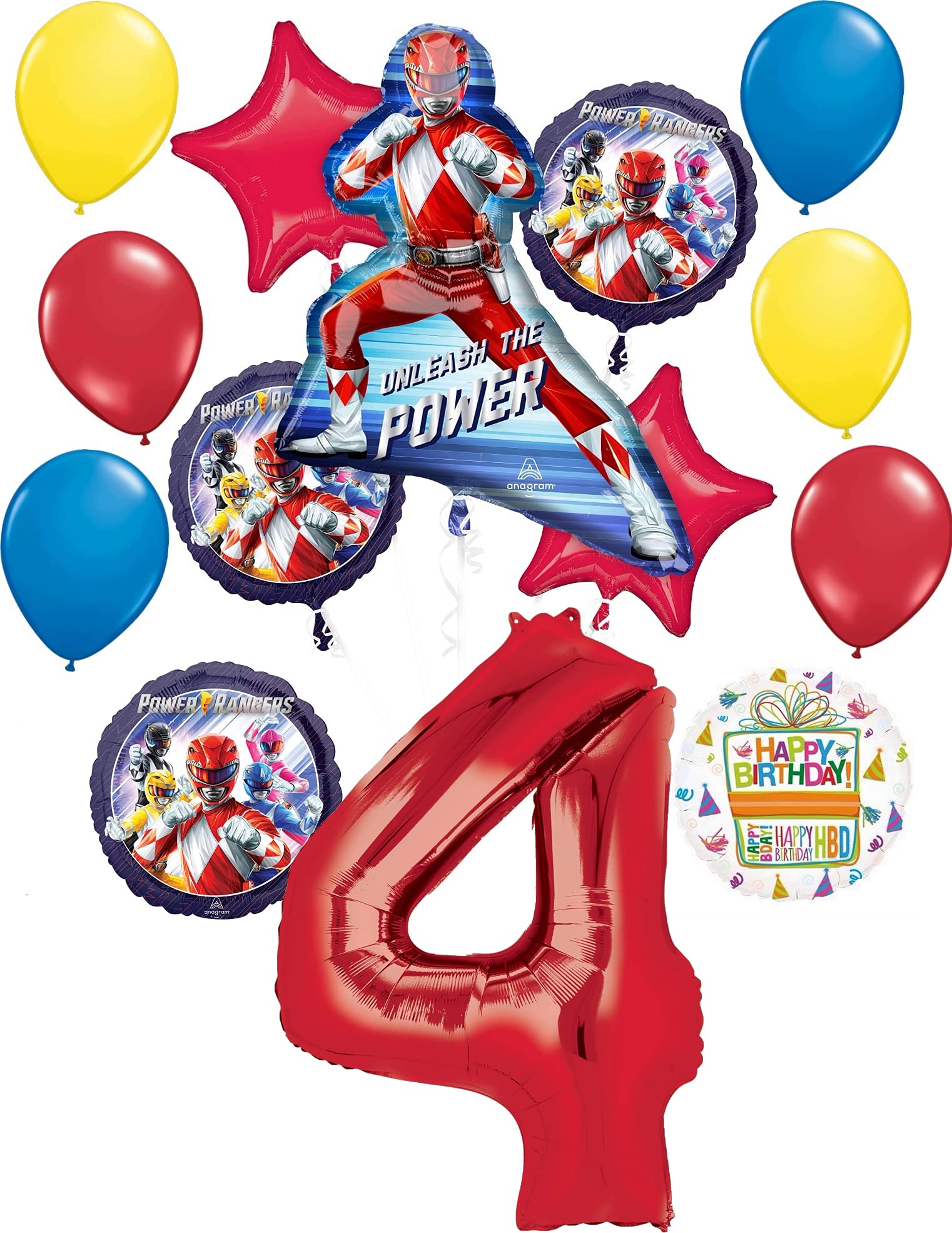 Power Rangers Party Supplies 4th Birthday Unleash the Power Balloon Bouquet Decorations Red Number 4