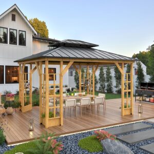 erommy 11' x 13' wood gazebo, outdoor hardtop gazebo pavilion with spruce solid wooden frame, double roof metal canopy for patio backyard deck garden