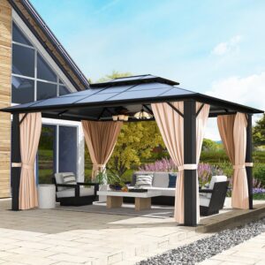 oneinmil 10x13ft outdoor polycarbonate gazebo, heavy duty double roof hardtop gazebo with aluminum frame and netting and curtains for patios