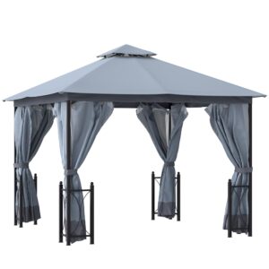 outsunny 11' x 13' patio gazebo, double roof outdoor gazebo canopy shelter with netting & curtains, steel corner columns for garden, lawn, backyard and deck, gray