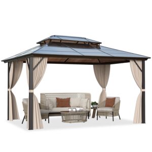 erommy 10' x 13' gazebo polycarbonate double roof canopy outdoor aluminum frame pergola, permanent pavilion with netting and curtains for garden patio lawns parties