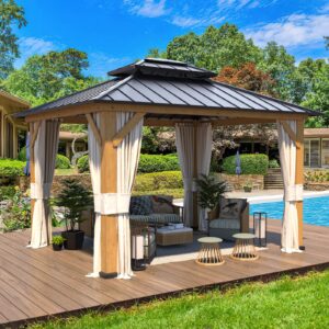 richryce 11' x 13' solid wood gazebo, hardtop gazebo plastic sprayed metal roof outdoor gazebo canopy double vented roof pergolas wood frame with netting and curtains for garden, patio, lawns, parties