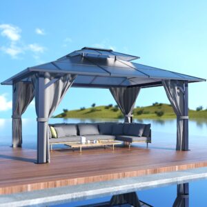 mupater outdoor 10' x 13' polycarbonate hardtop gazebo with aluminum frame, double roof canopy, netting and curtainsfor patios, deck, lawns, gardens and pools