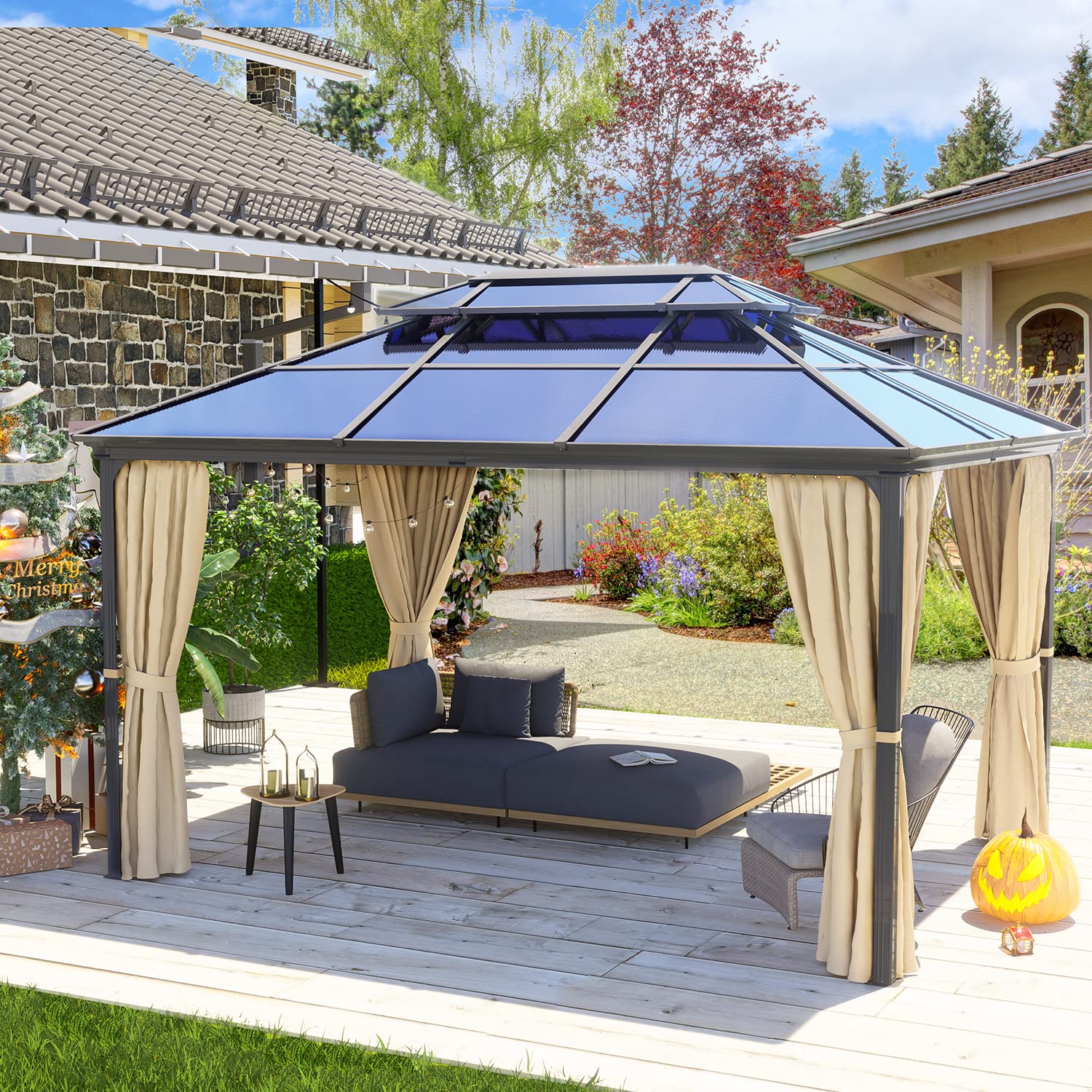 COWVIE 13 x 10 FT 2-Tier Polycarbonate Roof Gazebo, Aluminum Frame Outdoor Gazebo with Mosquito Netting and Curtains, Suitable for Patio, Backyard, Deck, Lawns