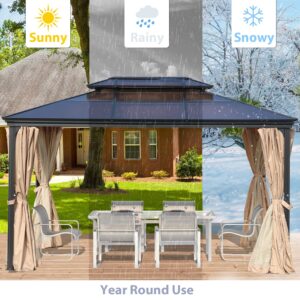 COWVIE 13 x 10 FT 2-Tier Polycarbonate Roof Gazebo, Aluminum Frame Outdoor Gazebo with Mosquito Netting and Curtains, Suitable for Patio, Backyard, Deck, Lawns