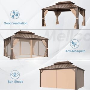 MELLCOM 10' x 13' Hardtop Aluminum Gazebo, Galvanized Steel Double Roof Metal Gazebo with Aluminum Frame, Brown Permanent Patio Gazebo with Curtains and Netting for Patios, Gardens, Lawns