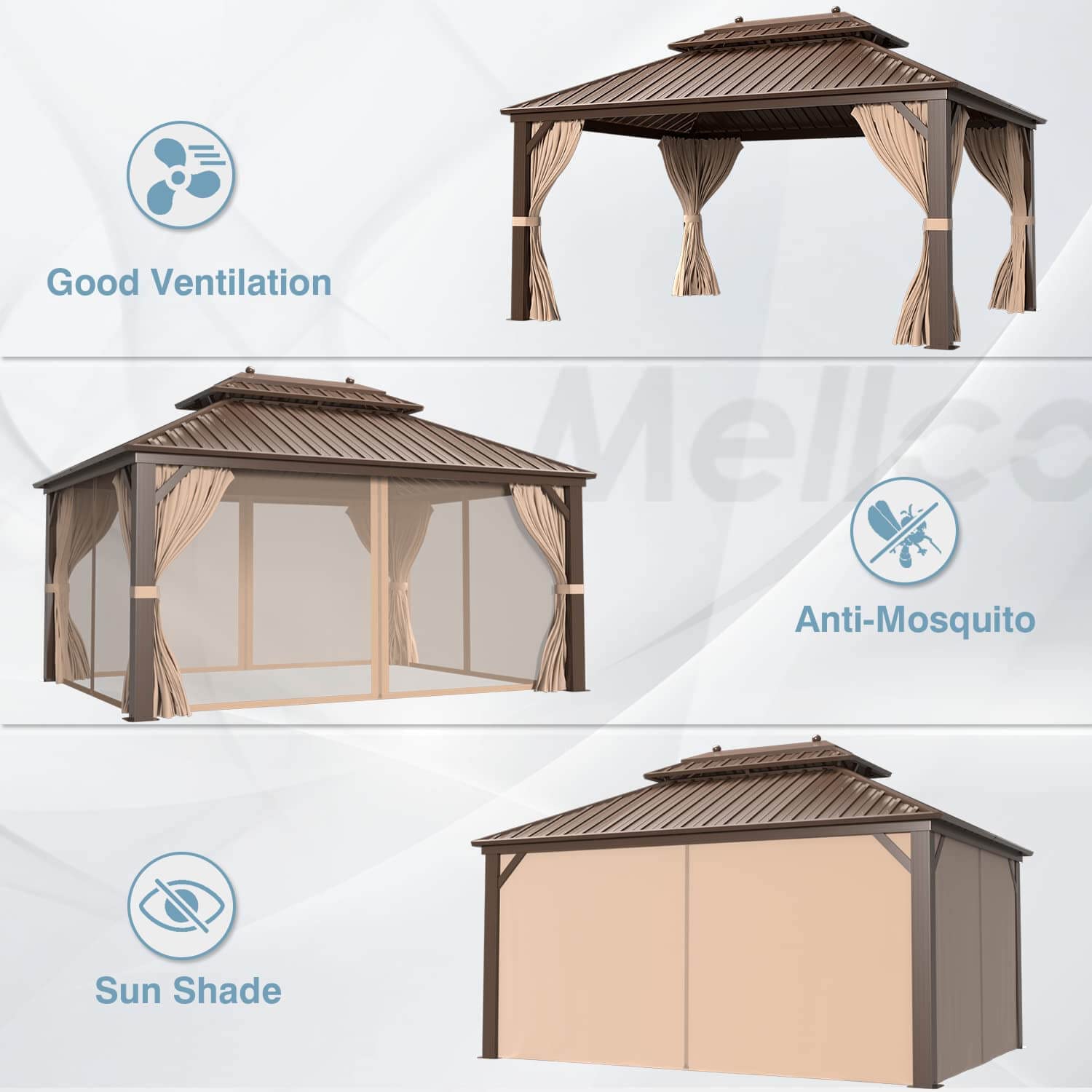 MELLCOM 10' x 13' Hardtop Aluminum Gazebo, Galvanized Steel Double Roof Metal Gazebo with Aluminum Frame, Brown Permanent Patio Gazebo with Curtains and Netting for Patios, Gardens, Lawns