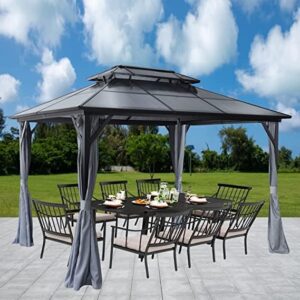 10'x13'Hard top Gazebo Patio Pavilion Double Room PC Roof Canopy Outdoor Aluminum Frame Permanent Metal Pavilion with Net and Curtain, Suitable for Backyard, Garden, Lawn (Grey)