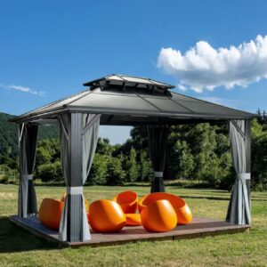 10'x13'hard top gazebo patio pavilion double room pc roof canopy outdoor aluminum frame permanent metal pavilion with net and curtain, suitable for backyard, garden, lawn (grey)