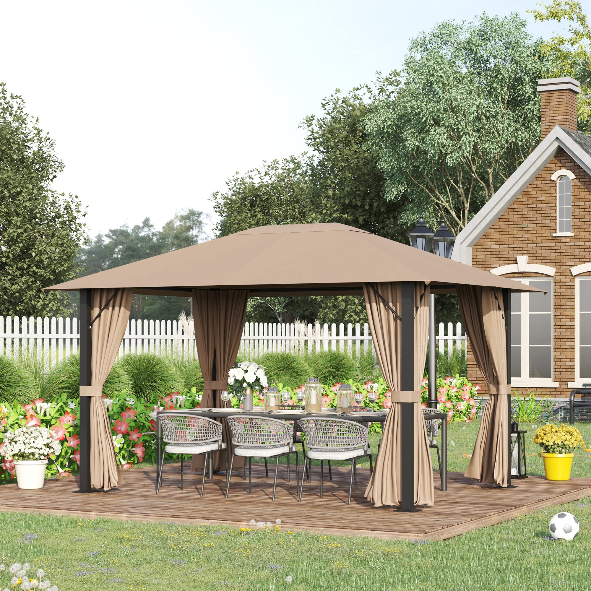 Outsunny 10' x 13' Patio Gazebo Aluminum Frame Outdoor Canopy Shelter with Sidewalls, Vented Roof for Garden, Lawn, Backyard, and Deck, Brown