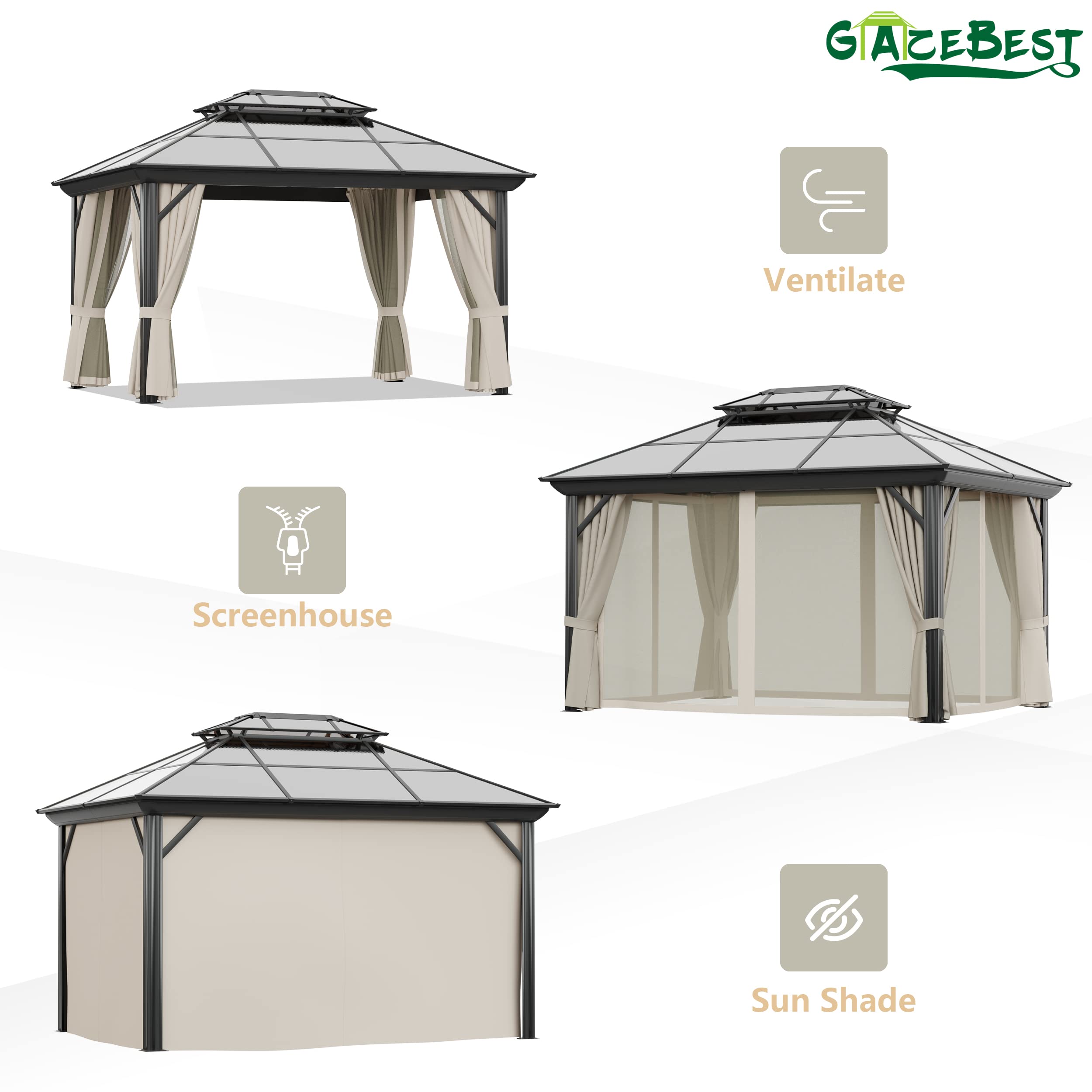 GAZEBEST Hardtop Gazebo Outdoor Polycarbonate Double Roof Patio Gazebo Aluminum Frame Gazebo Canopy with Netting and Curtains,for Garden Patio,Patio Backyard,Deck and Lawns (Brown, 10x13FT)