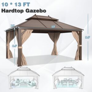 MELLCOM 10' x 13' Hardtop Gazebo, Galvanized Steel Metal Double Roof Aluminum Gazebo with Curtains and Netting, Brown Permanent Pavilion Gazebo with Aluminum Frame for Patio, Lawn & Garden