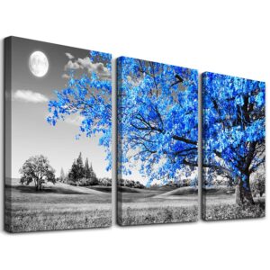 wall art for living room black and white blue tree moon canvas wall decor for home artwork painting 12" x 16" 3 pieces canvas print for bedroom decor modern salon kitchen office hang a picture