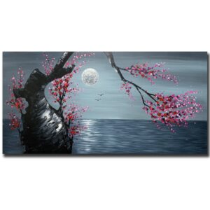 v-inspire art, 24x48 inch hand-painted floral artwork - plum blossoms blooming under the moon - chinese paintings canvas wall art for living room on bedroom ready to hang