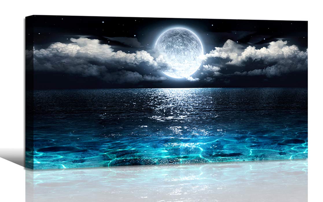 Wall Art Moon Sea Ocean Landscape Picture Canvas Wall Art Print Paintings Modern Artwork for Living Room Wall Decor and Home Décor Framed Ready to Hang,1inch Thick Frame, Waterproof Artwork.