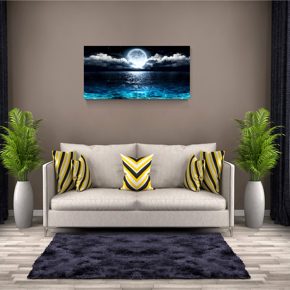 Wall Art Moon Sea Ocean Landscape Picture Canvas Wall Art Print Paintings Modern Artwork for Living Room Wall Decor and Home Décor Framed Ready to Hang,1inch Thick Frame, Waterproof Artwork.