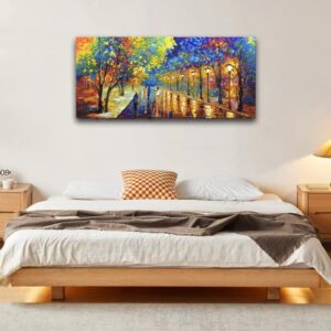 Tyed Art- 24X48 Inch Oil Paintings on Canvas Art 100% Hand-Painted Contemporary Artwork Abstract Artwork Night Rainy Street Wall Art livingroom Bedroom Dinning Room Decorative Pictures Home Decor