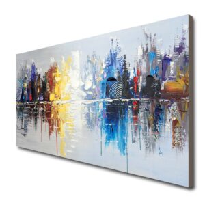 Hand Painted Cityscape Modern Oil Painting on Canvas Reflection Abstract Wall Art Decor (48 x 24 inch)