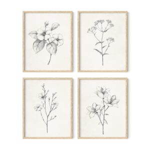 haus and hues grey floral wall art - set of 4 plant posters for wall vintage, botanical prints, black and white flower pictures for room aesthetic, farmhouse bathroom, rustic art (beige frame, 8x10)