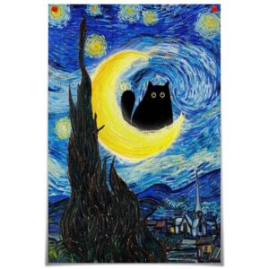 van gogh the starry night cat canvas wall art famous oil paintings black cat poster funny cat floral print colorful abstract farmhouse gallery aesthetic room wall decor for bedroom 12x16in unframed