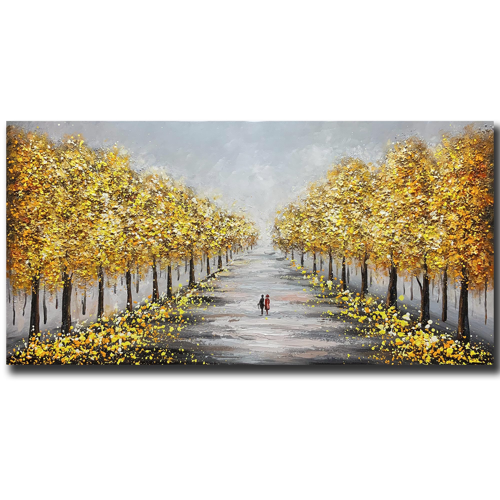 Yotree Paintings - 24x48 Inch 3D Wall Art on Canvas Golden Avenue Abstract Painting Wood Inside Framed Hanging Fall Wall Decoration Ready to Hang