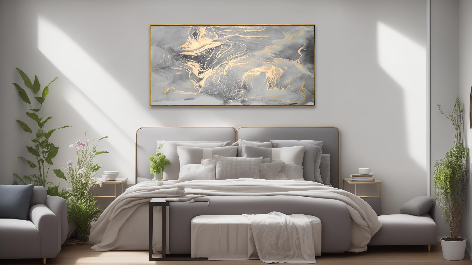 Wall Art Abstract Canvas Painting Gray Wall Decor Fluid Ink Modern Artwork for Living Room Bedroom Dining Room Home Office Decor 20"x40" with Framed