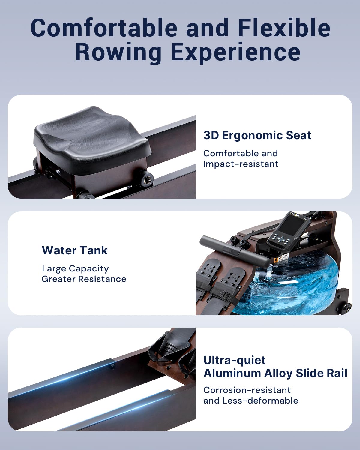 TOPIOM Water Rowing Machine with TM-3 Performance Monitor, 400 lbs Max Load, Oak Wood Rower Machine