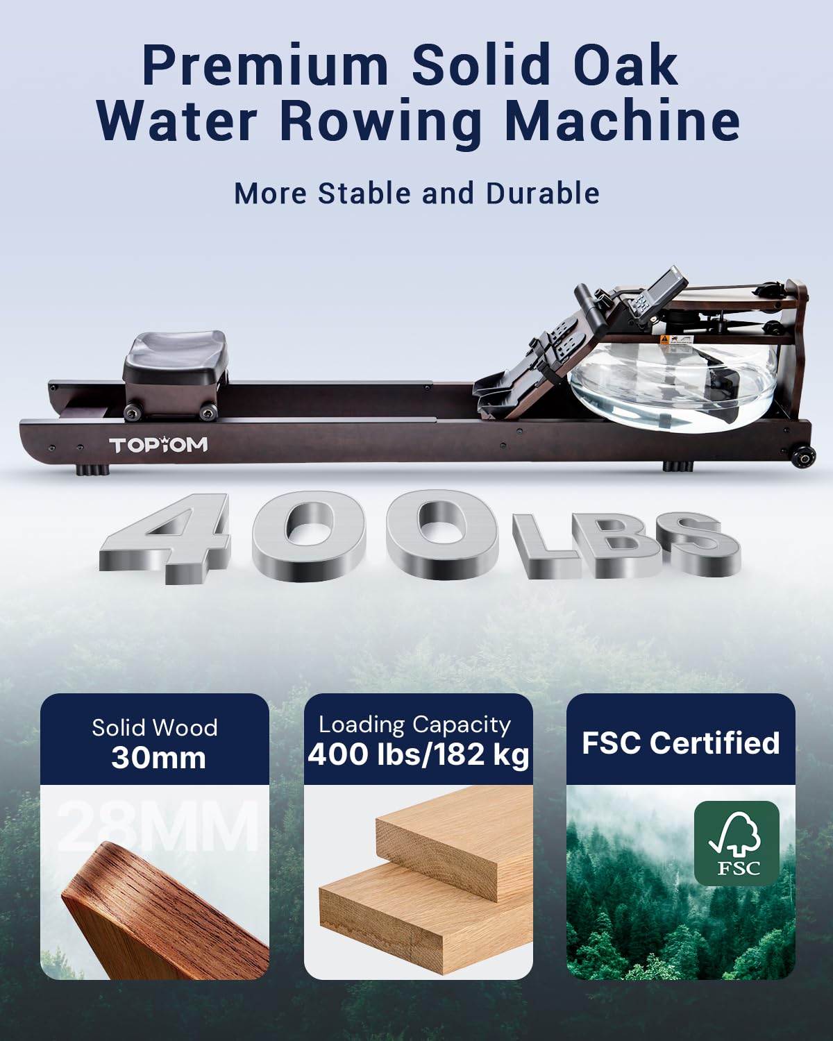 TOPIOM Water Rowing Machine with TM-3 Performance Monitor, 400 lbs Max Load, Oak Wood Rower Machine