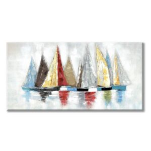 colorful sailboats wall art painting: abstract boats reflection artwork calm water canvas picture for living room