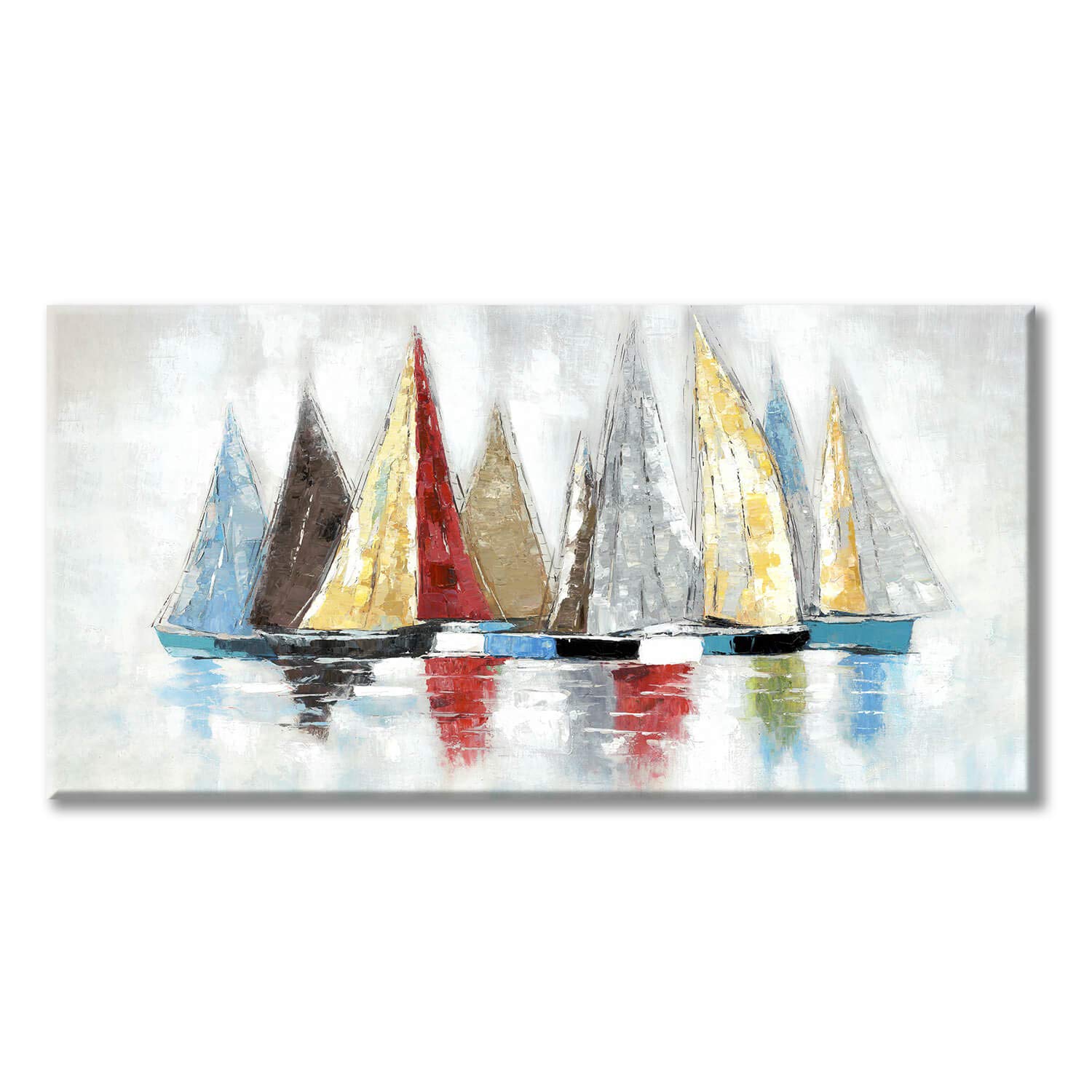 Colorful sailboats Wall Art Painting: Abstract Boats Reflection Artwork Calm Water Canvas Picture for Living Room